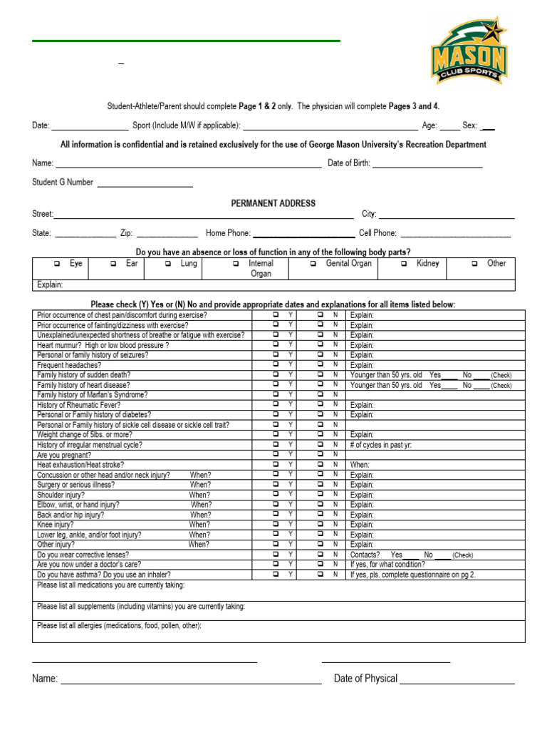 Physical Exam Form Club Sports | PDF