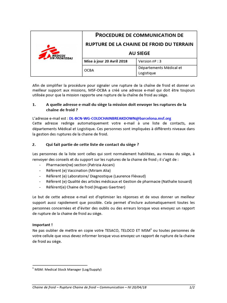 Procedure de Communication de Rupture de La Chaine de Froid | PDF