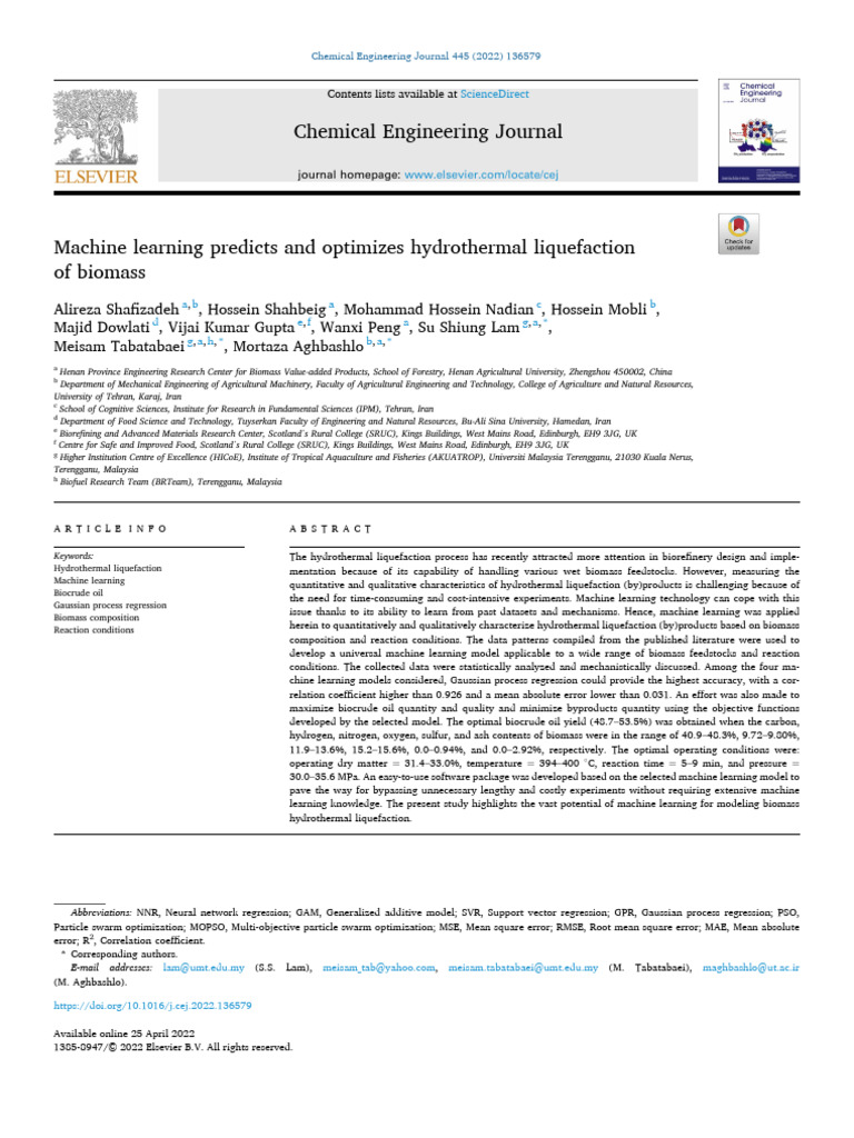Machine learning predicts and optimizes hydrothermal liquefaction | PDF Machine learning predicts and optimizes hydrothermal liquefaction | PDF