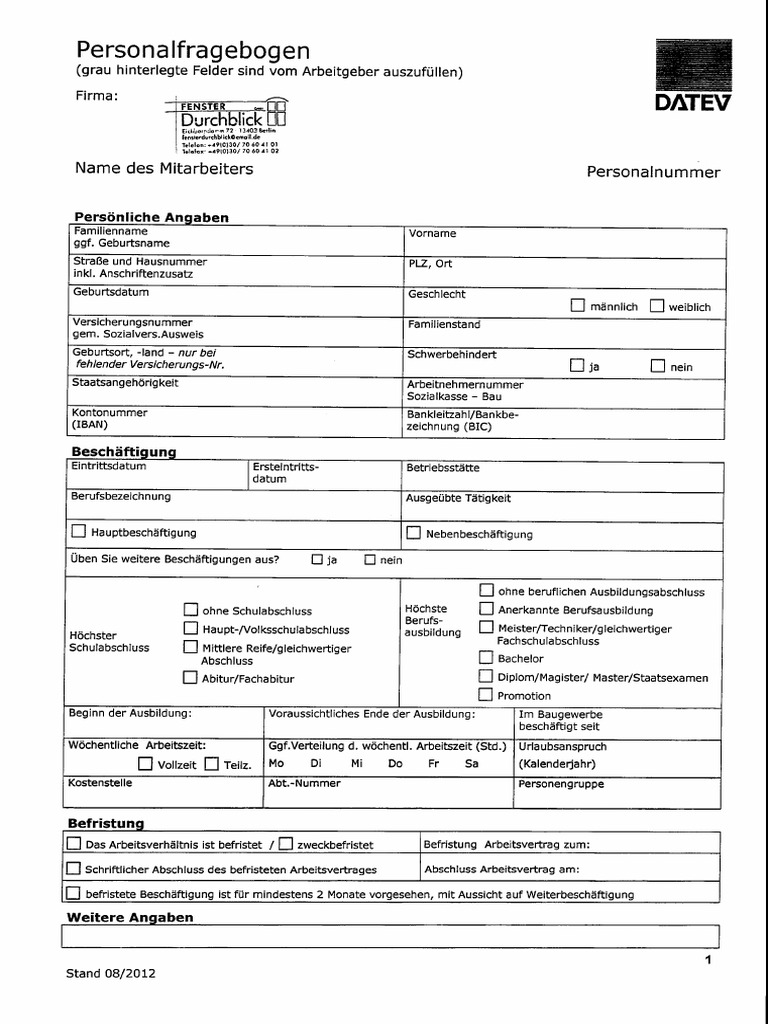 Personalfragebogen Blanko 2 | PDF