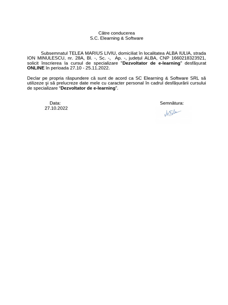 Cerere de Inscriere La Curs + Examen - Telea | PDF