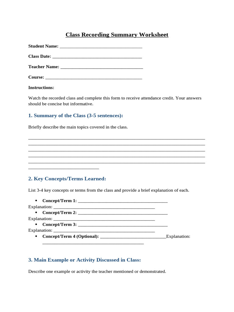 Class Recording Summary Worksheet | PDF