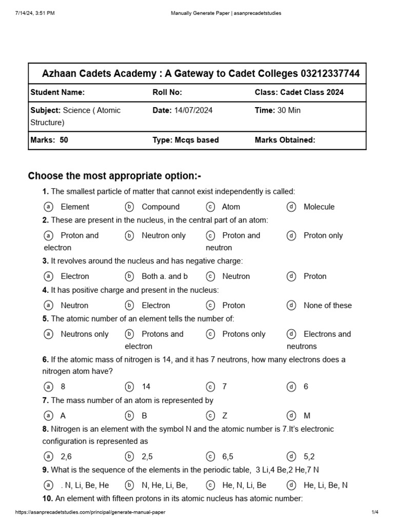 Science Mcqs Test Chapter 4 | PDF | Atoms | Proton