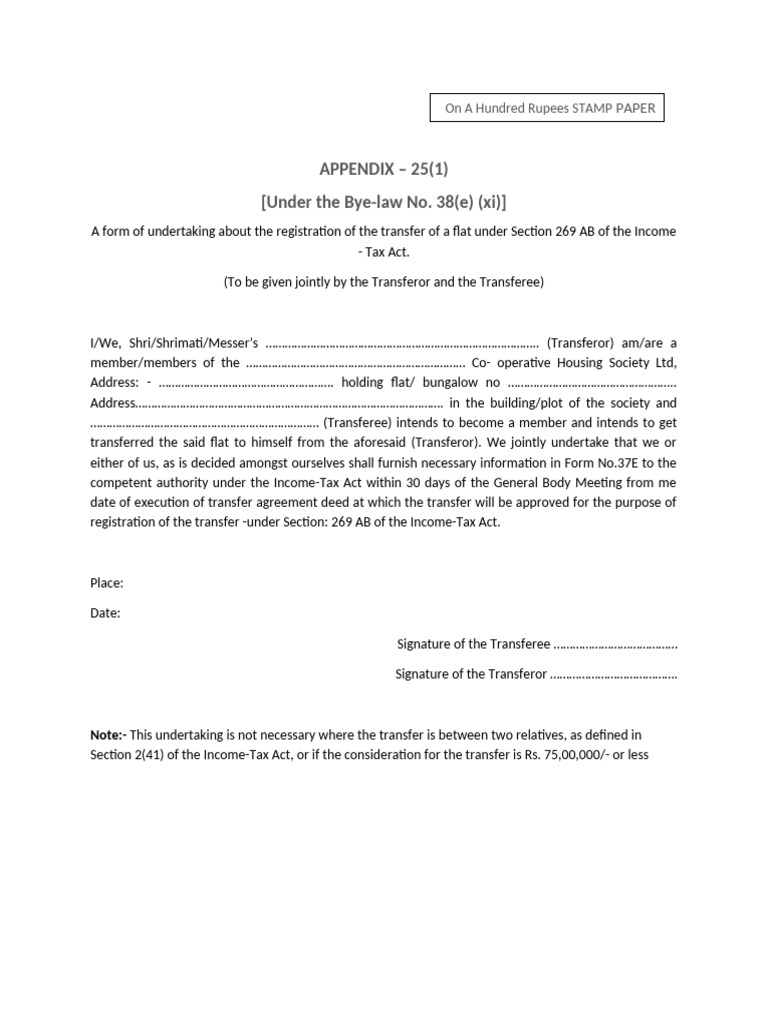 A Form of Undertaking About The Registration of The Transfer of A Flat ...