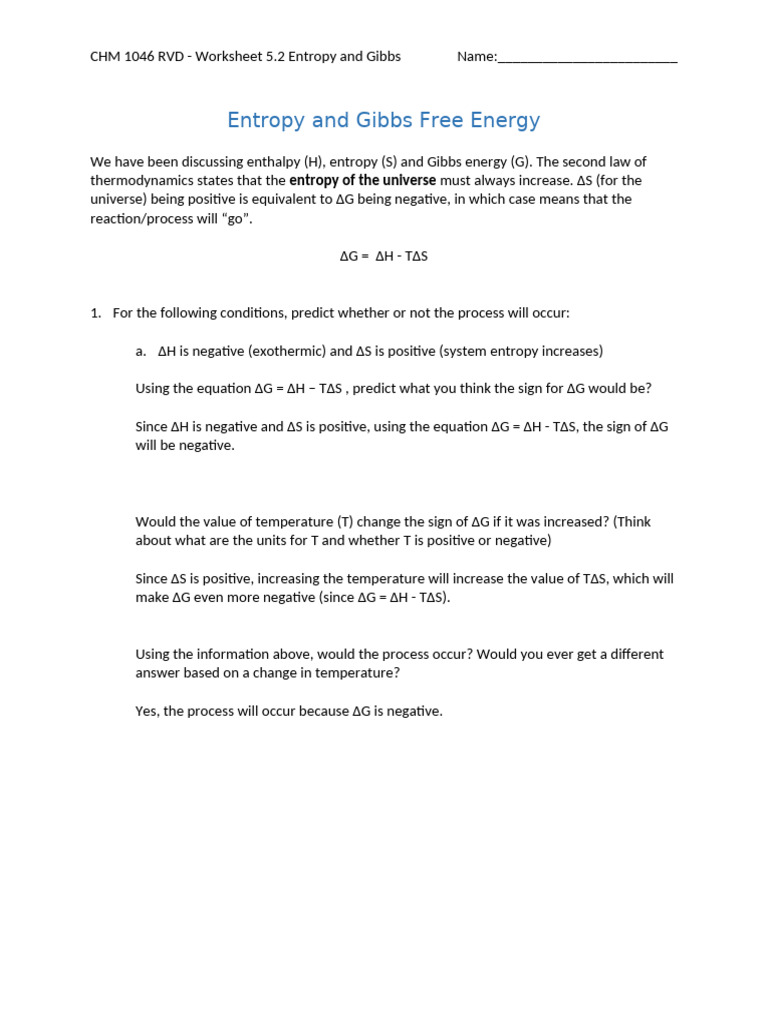 Worksheet 5.2 Entropy and Gibbs | PDF