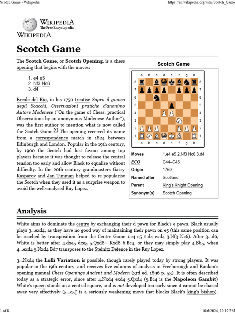Scotch Game - Wikipedia | PDF