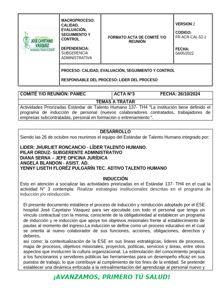 Acta 3 Pamec Talento Humano | PDF