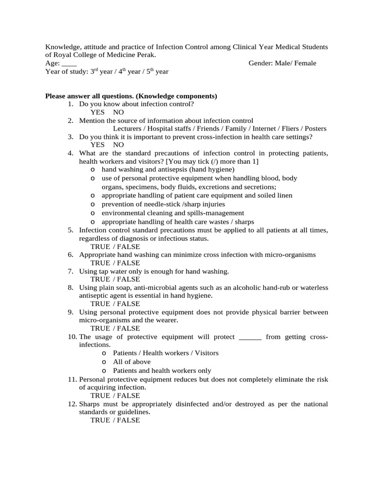 Questionnaire Infectioncontrol | PDF