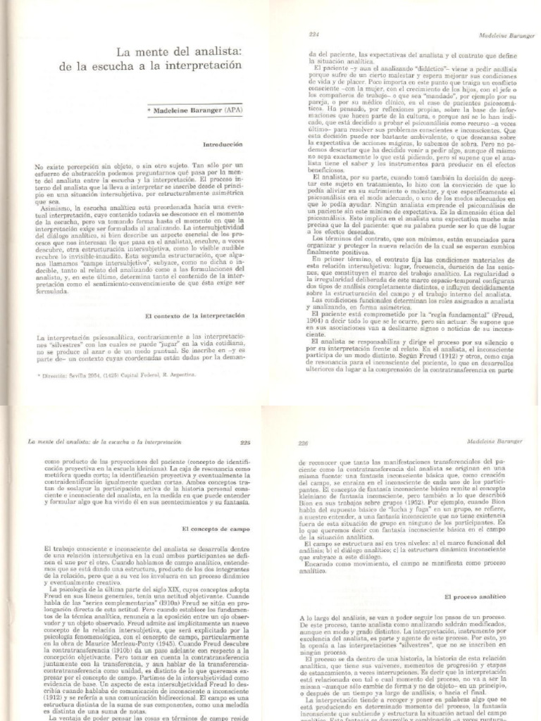 Baranger, M - La Mente Del Analista de La Escucha A La Interpretacion | PDF