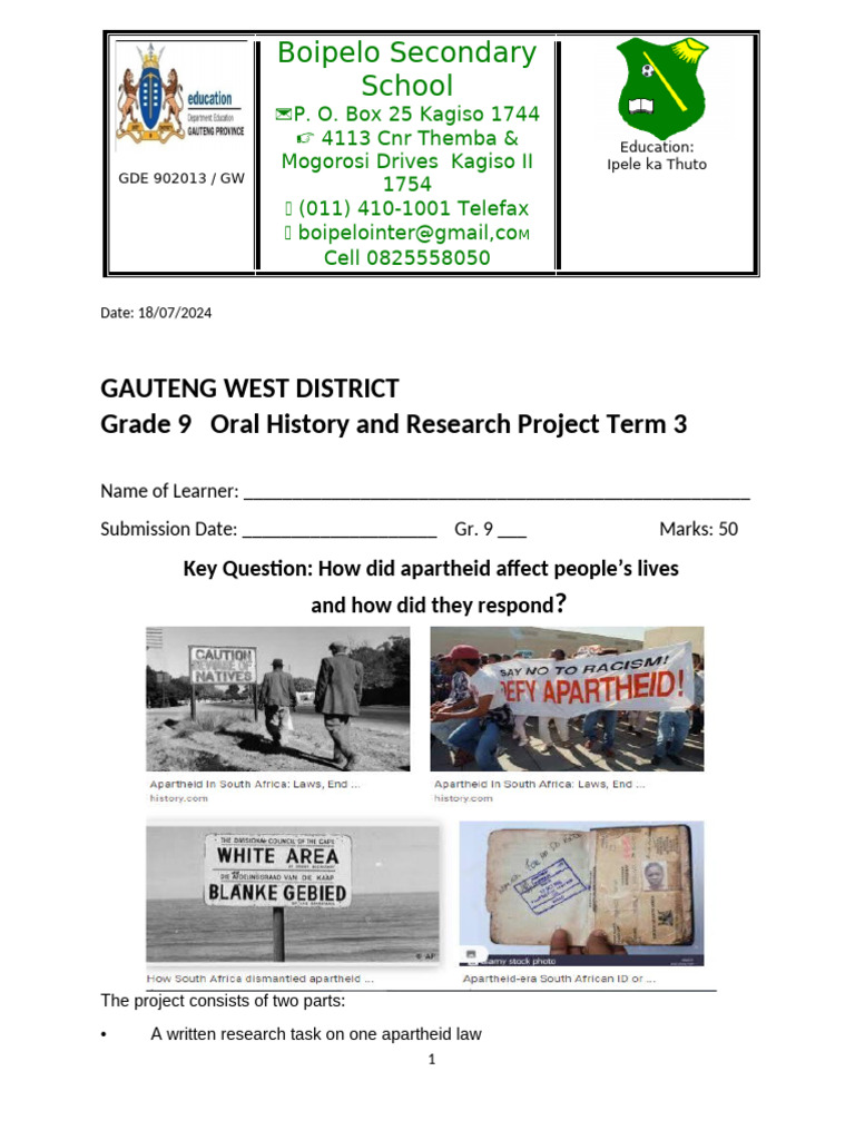 SS Gr 9 Oral History Project T3 (Exemplar ) 2024 | PDF