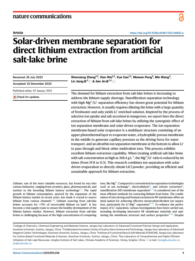 Solar-Driven Membrane Separation For Direct Lithium Extraction From ...