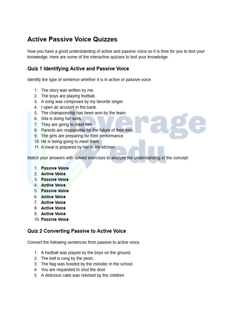 Active and Passive Voice Quiz PDF 1 2 | PDF