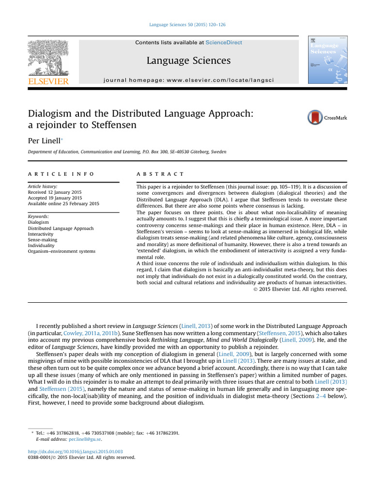 Linell 2015, 'Dialogism and The Distributed Language Approach A ...