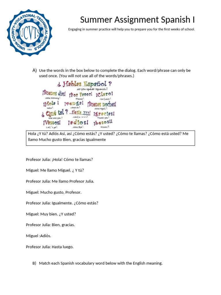 UCVTS 2024 Spanish I Summer Assignment | PDF