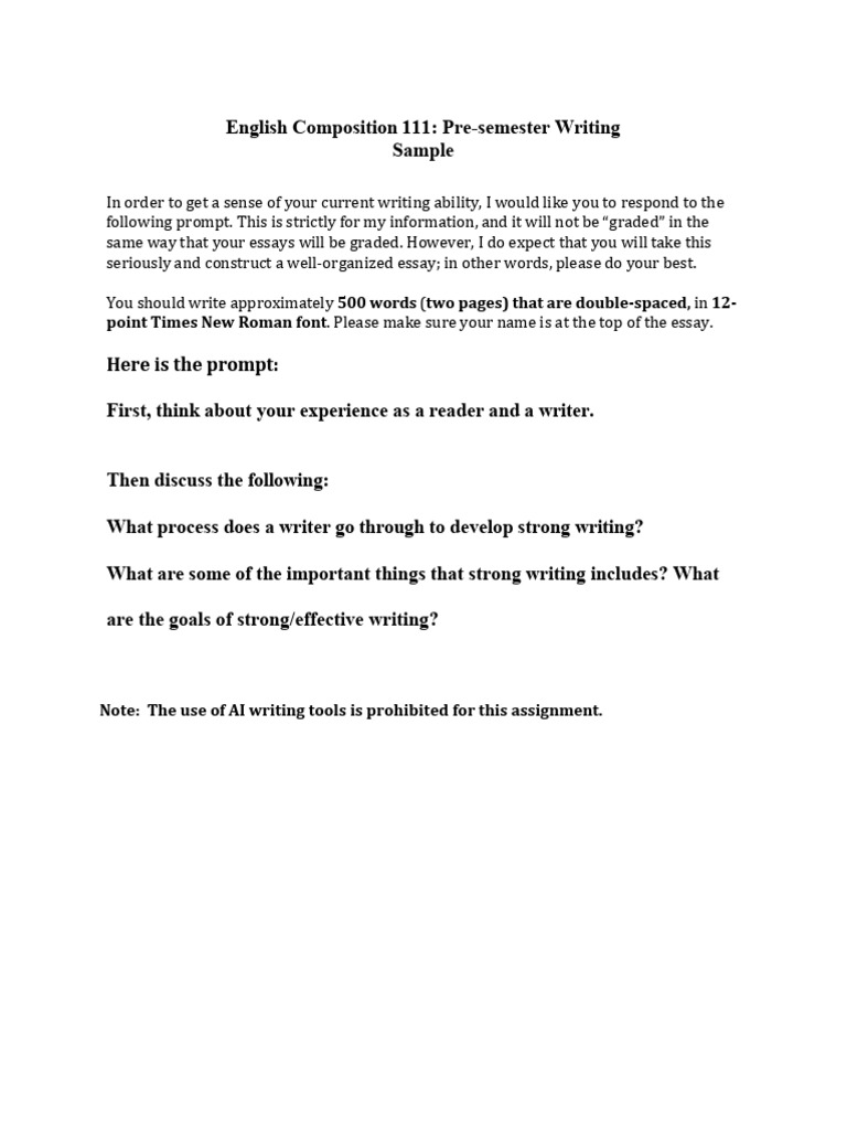 Composition I Pre-Semester Writing Sample Prompt Revised Fall 2023 | PDF
