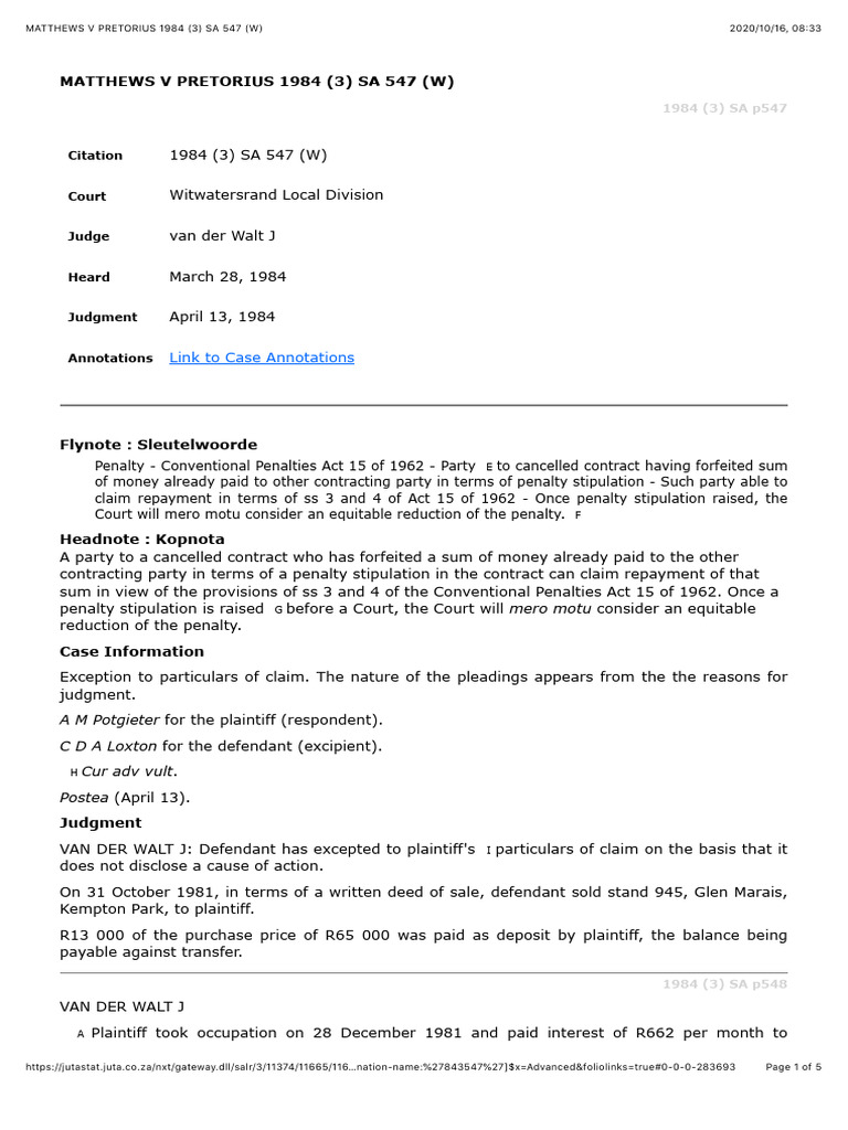Matthews V Pretorius 1984 (3) Sa 547 (W) | PDF | Damages | Law