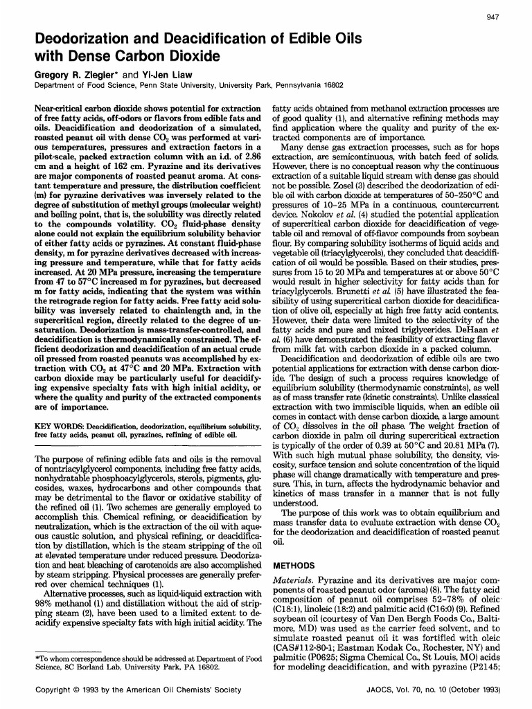 Deodorization and Deacidification of Edible Oils With Dense Carbon Dioxide | PDF