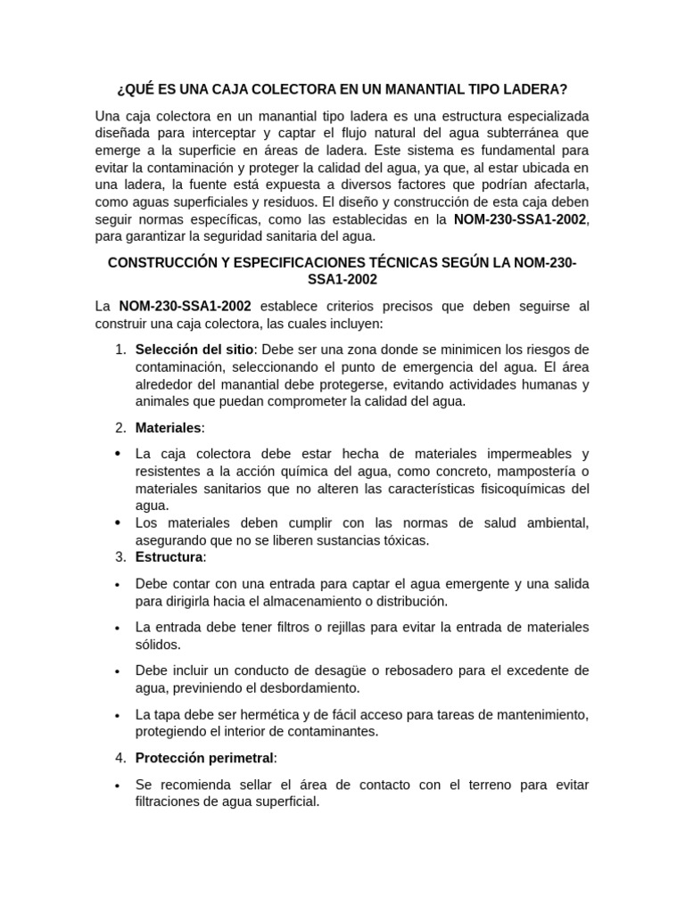 Caja Colectora en Manantial: Guía NOM-230 | PDF