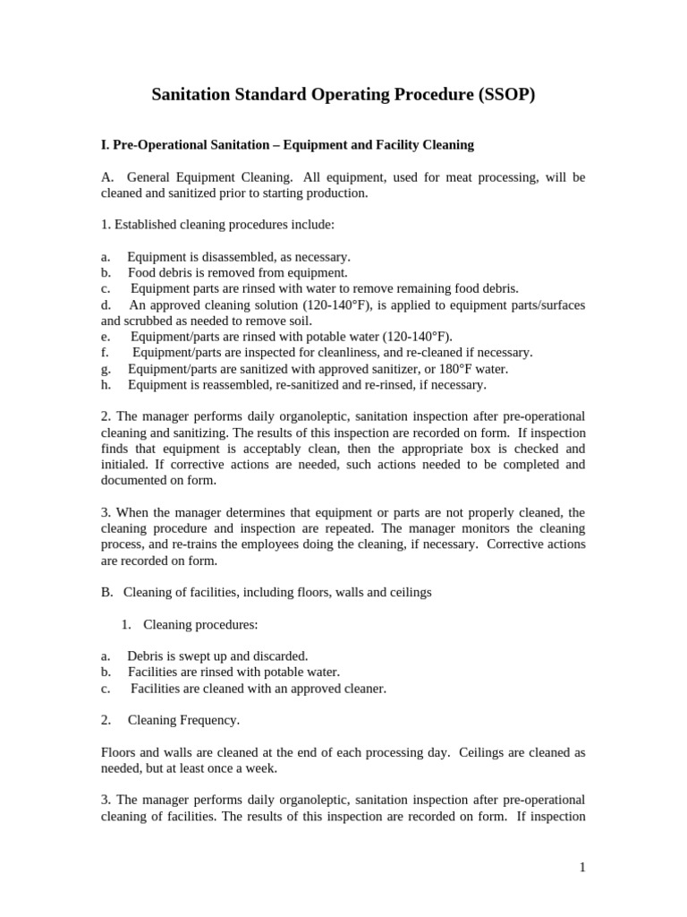 Standard Sanitary Operating Procedures | PDF