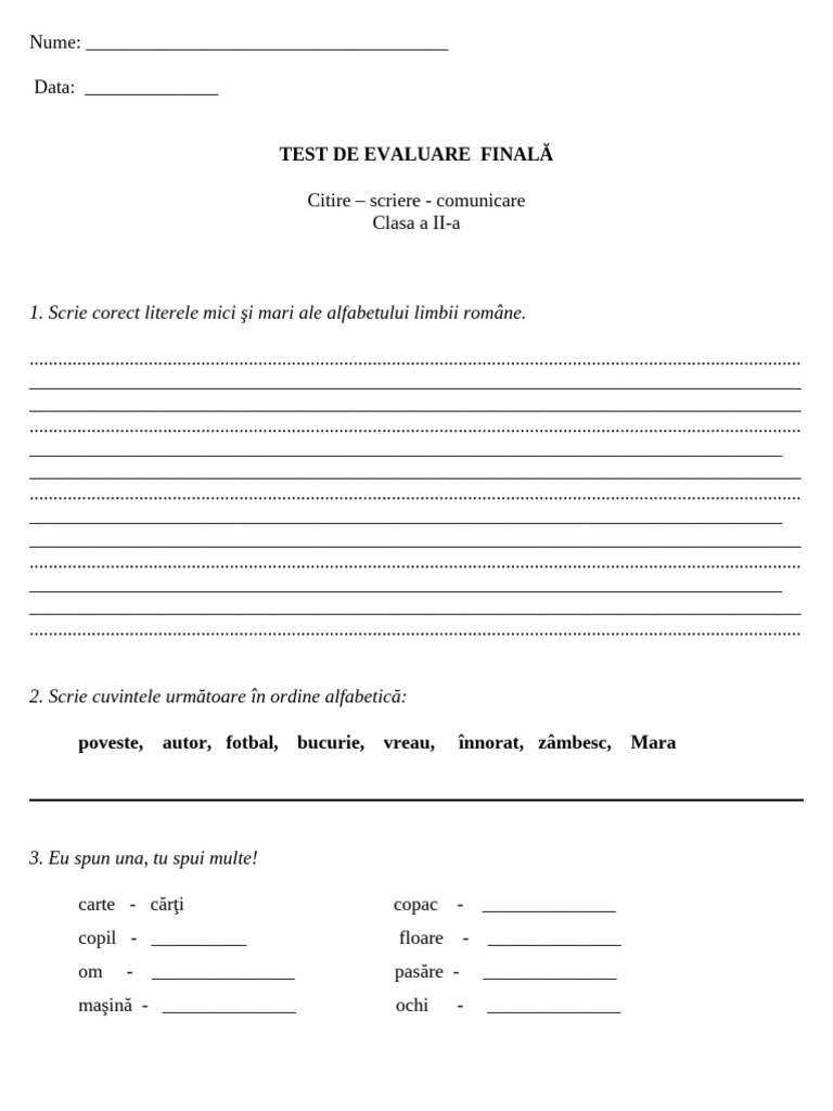 Test de Evaluare Finala Citirescrierecomunicare Cls. A Iia | PDF