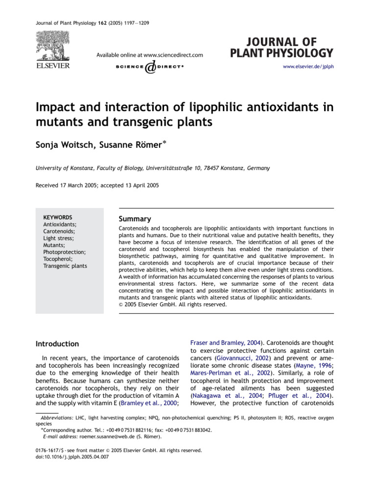Impact and Interaction of Lipophilic Antioxidants in Mutants and ...