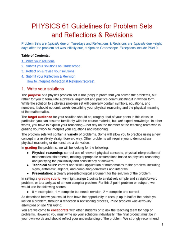 PHYSICS 61 Guidelines For Submitting Problem Sets and Reflections ...