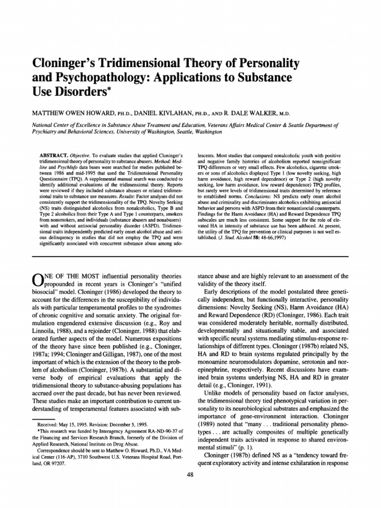 Cloninger's Tridimensional Theory of Personality and Psychopathology: Applications To Substance ...