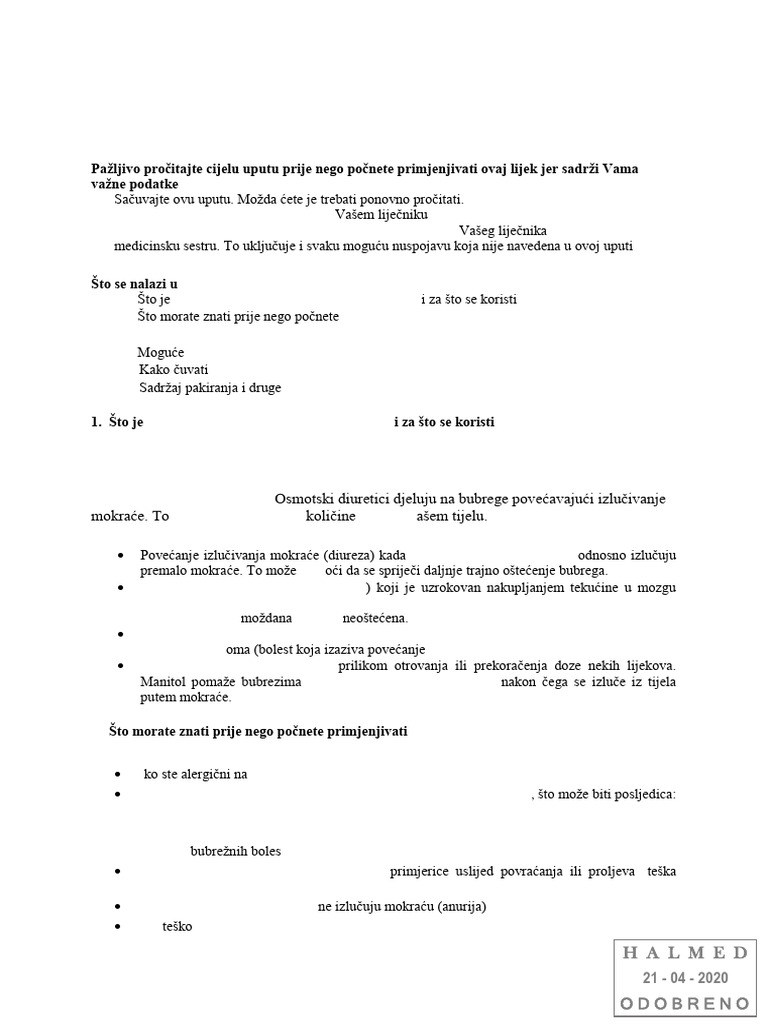 Manitol HZTM 20 Otopina Za Infuziju PIL | PDF