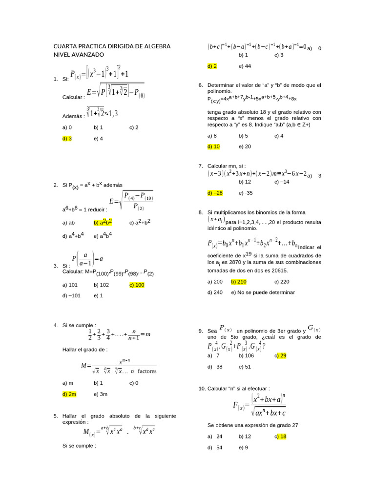 Cuarta Practica Dirigida de Algebra Nivel Avanzado 17-3 - 23 | PDF