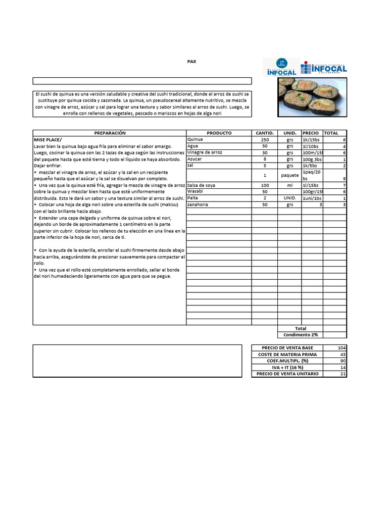 SUSHI DE QUINUA FICHA TECNICA | PDF
