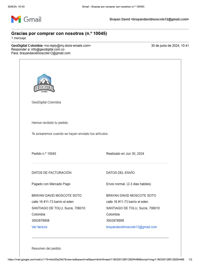 Gmail - Gracias Por Comprar Con Nosotros (N.º 10045) | PDF