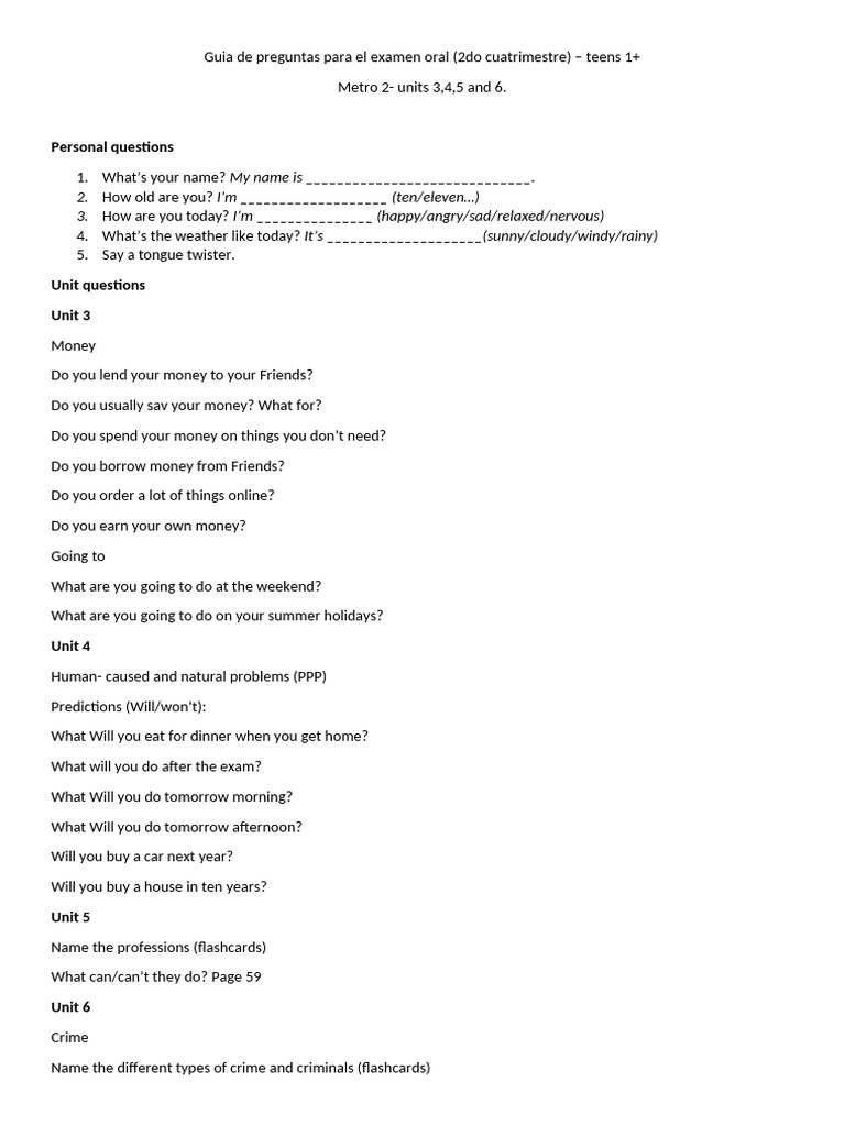 Guia de Preguntas para El Examen Oral T1+ | PDF