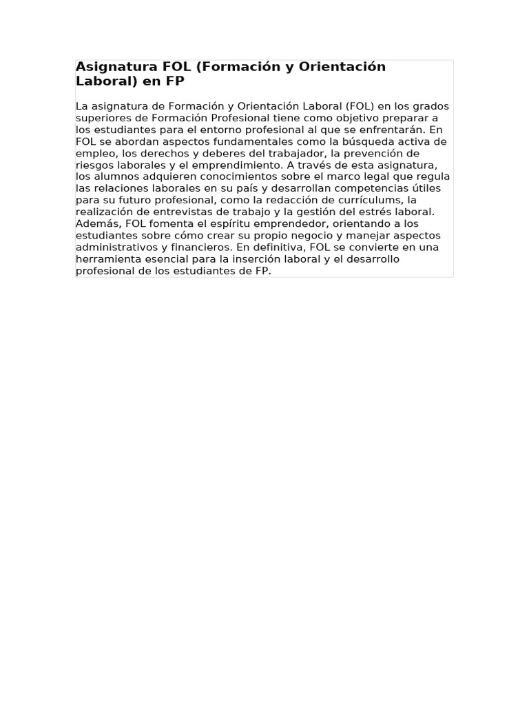 Asignatura FOL (Formación y Orientación Laboral) en FP | PDF
