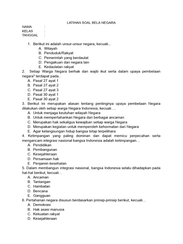 Latihan soal Bela Negara | PDF