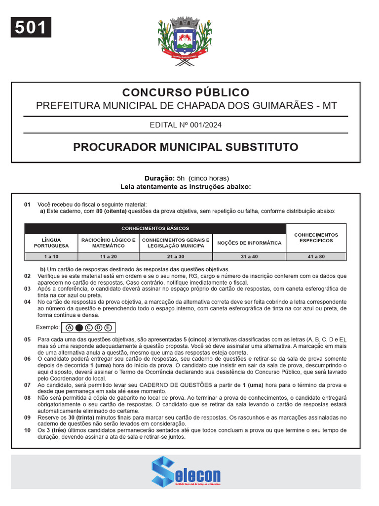 Selecon 2024 Prefeitura de Chapada Dos Guimaraes MT Procurador Municipal Substituto Prova | PDF