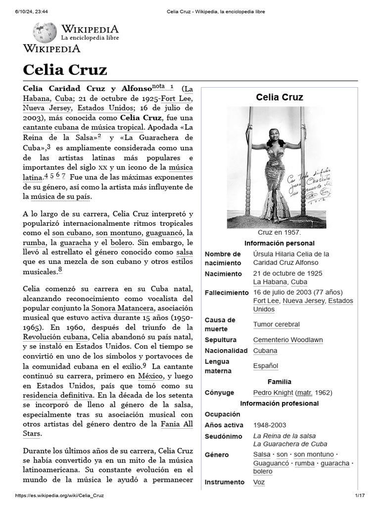 Celia Cruz - Wikipedia, La Enciclopedia Libre | PDF
