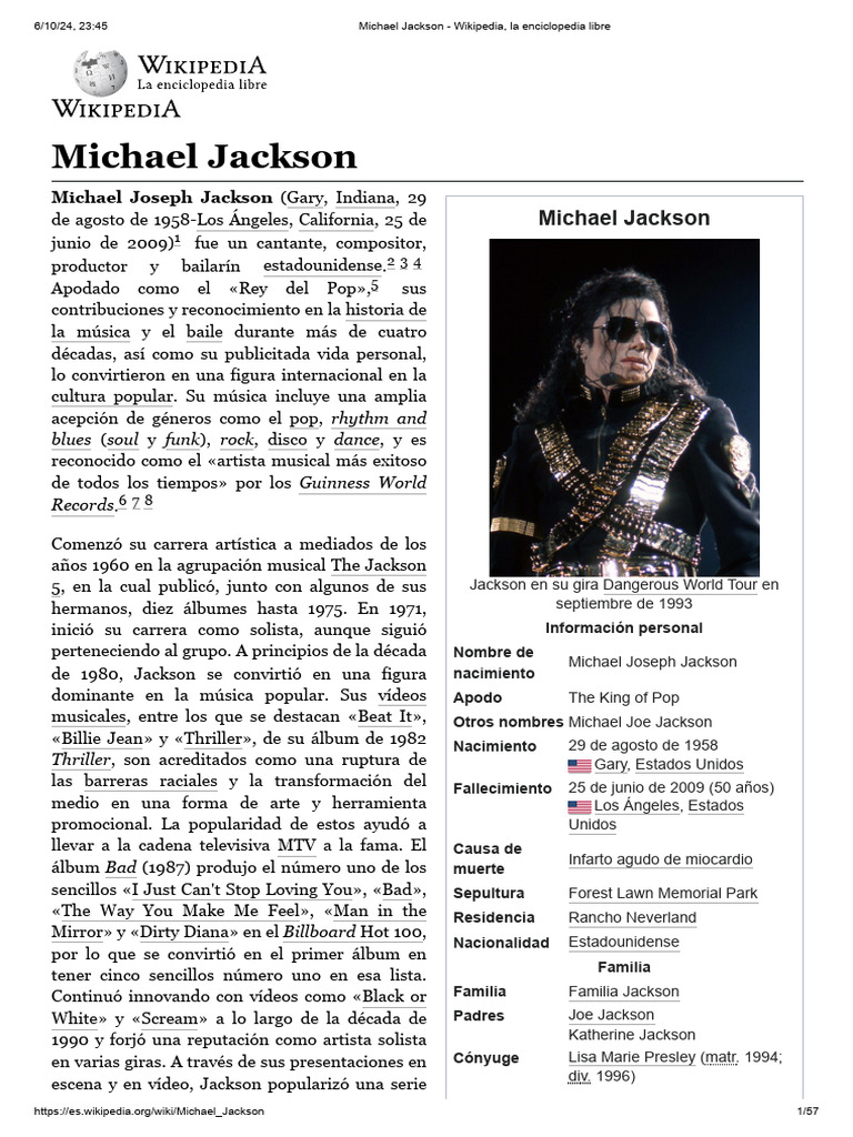 Michael Jackson - Wikipedia, La Enciclopedia Libre | PDF