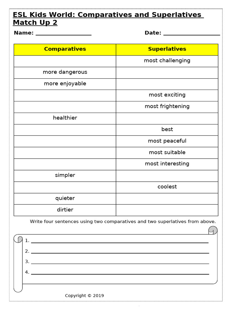 Comparatives Superlatives Match Up Worksheet 2 | PDF