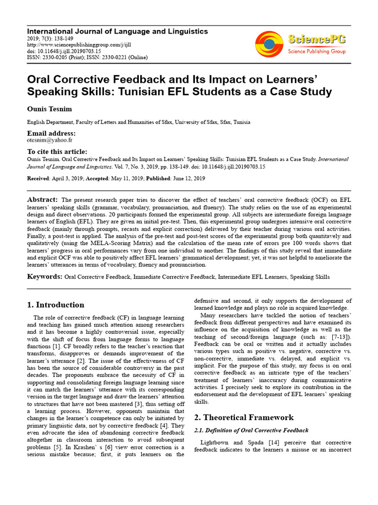 Oral Corrective Feedback and Its Impact On Learner | PDF