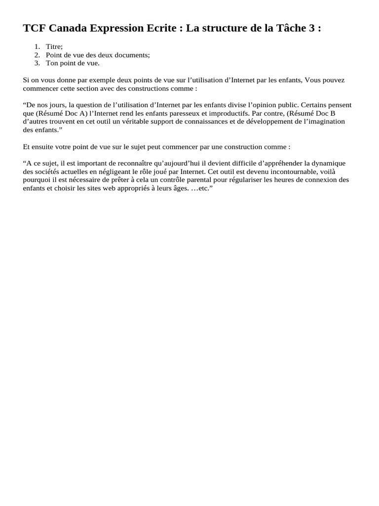 TCF Canada Expression Ecrite: La Structure de La Tâche 3 | PDF
