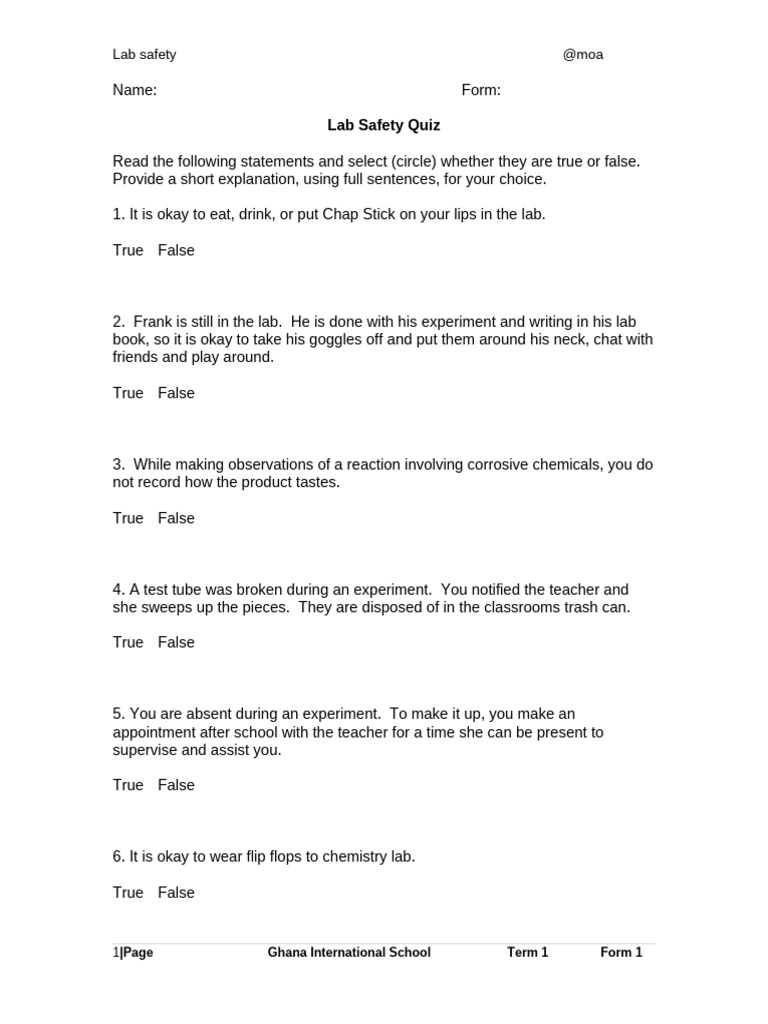Lab Safety Quiz | PDF