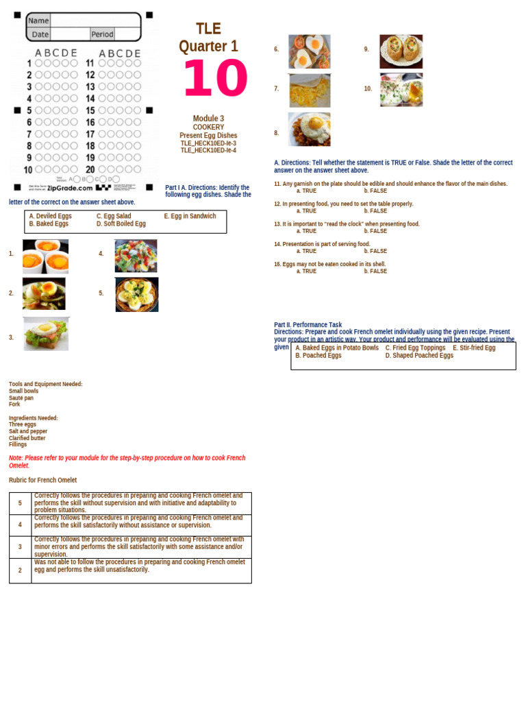TLE Quarter 1: Cookery Present Egg Dishes | PDF