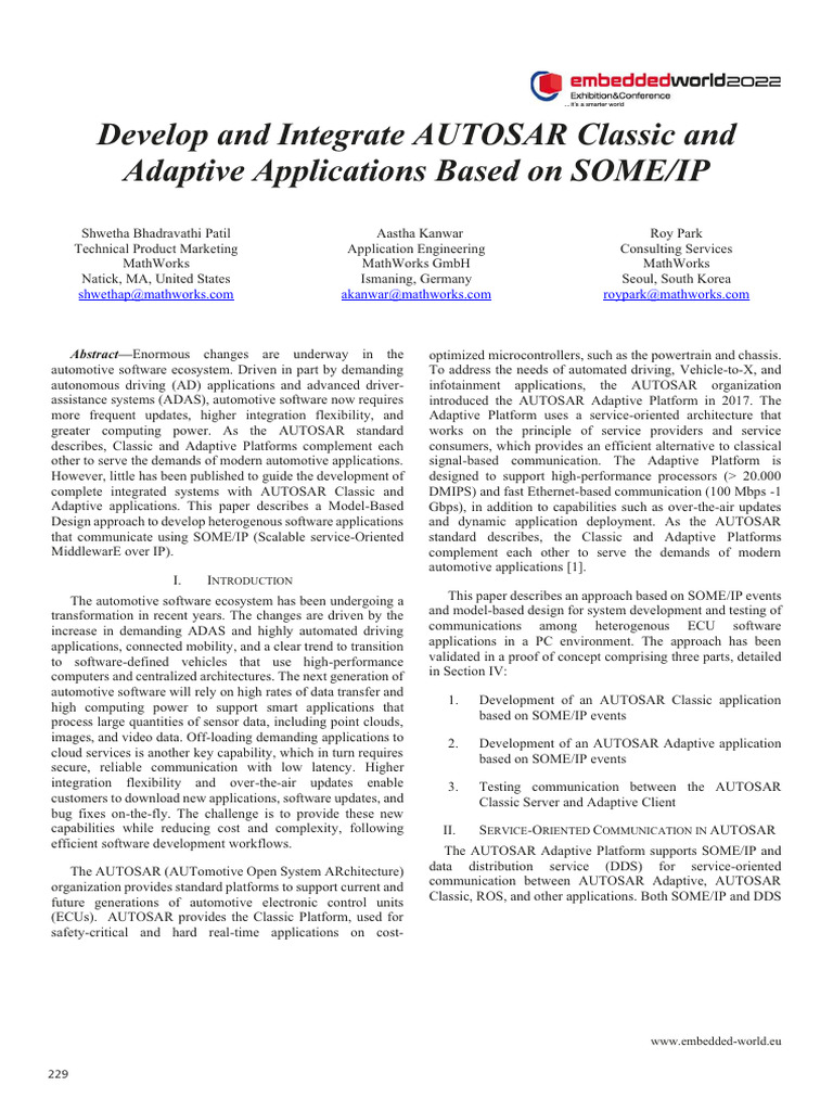 Develop and Integrate Autosar Classic and Adaptive Applications Based On Some Ip | PDF
