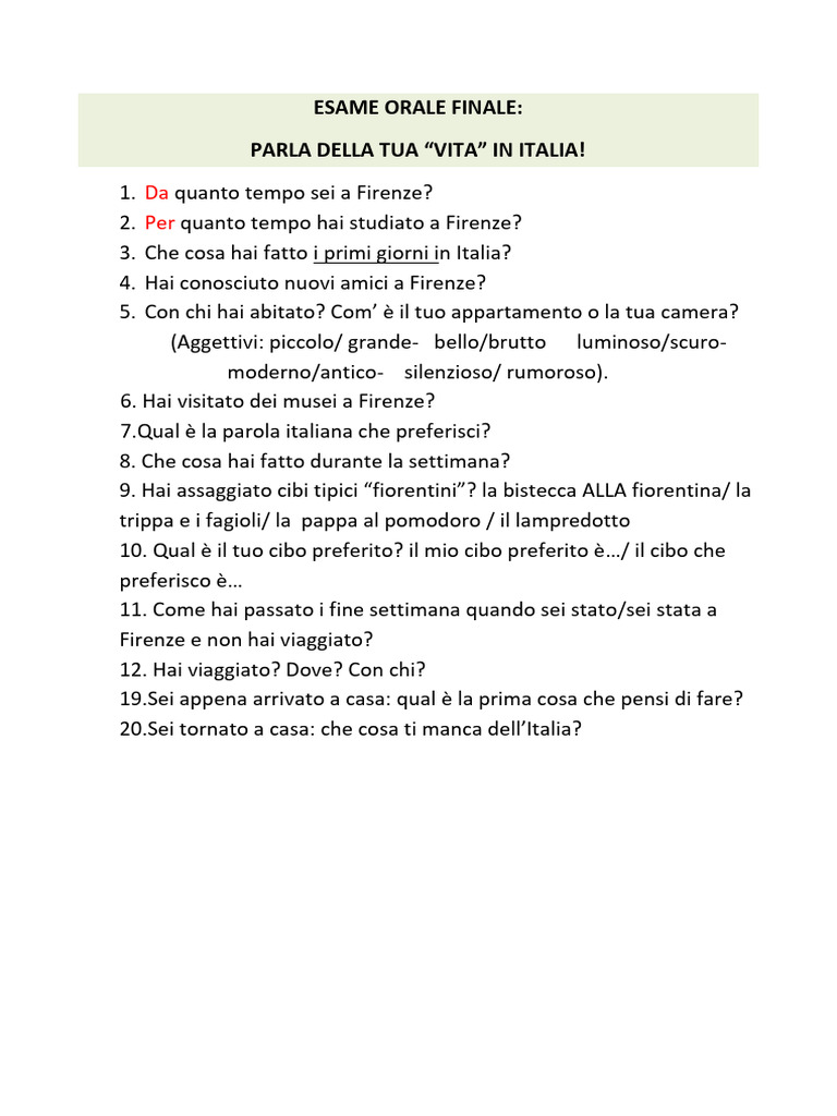Esame Orale Finale Domande Esempio | PDF