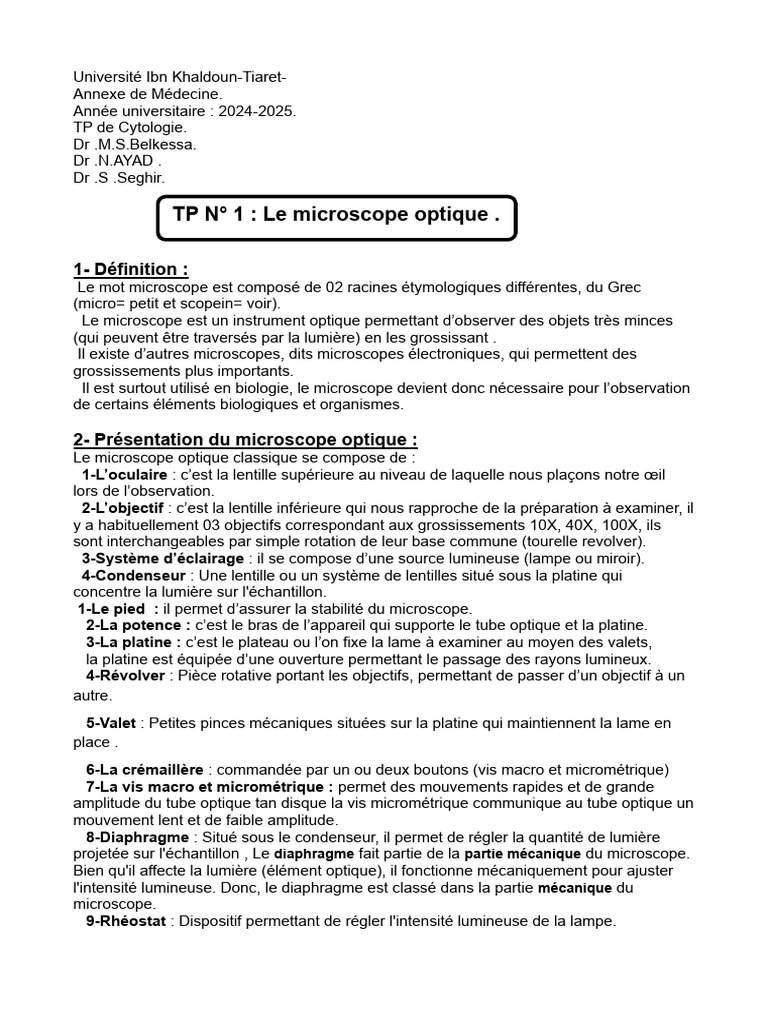 Fiche de TP 01 Cytologie | PDF