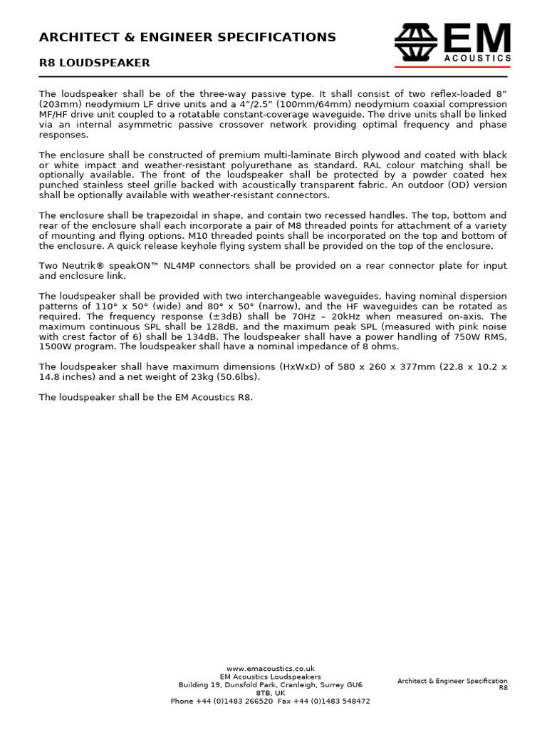 EM Acoustics R8 - Architects-Specifications | PDF
