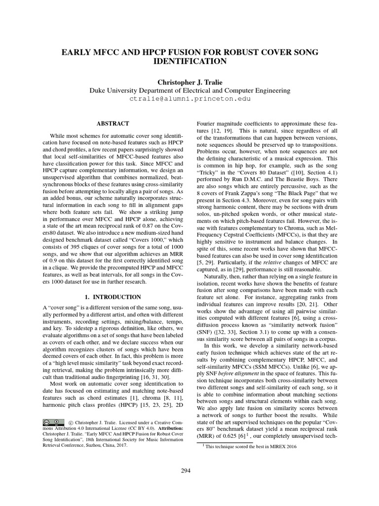2017 - Early MFCC and HPCP Fusion For Robust Cover Song Identification | PDF