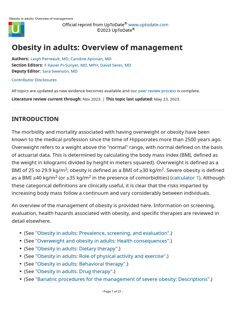 Obesity in Adults Overview of Management | PDF