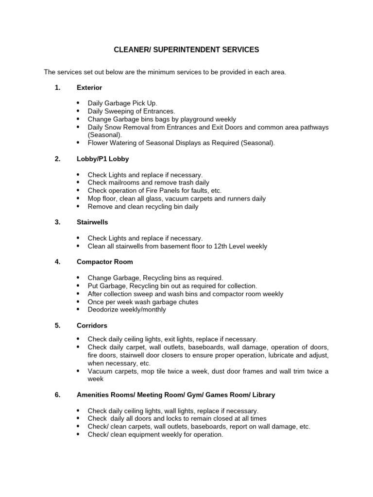 Cleaner:Superintendent Scope of Work | PDF