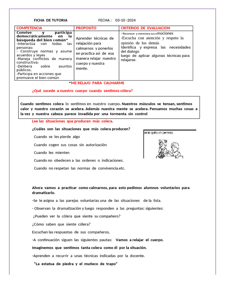 FICHA DE TUTORIA ME RELAJO PARA CALMARME APLICO TECNICAS | PDF